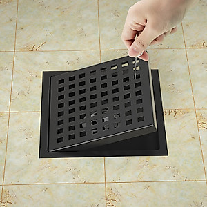 Bmvlffs Square Shower Floor Drain, Bmvlffs 6 Inch Matte Black, Brushed SUS 304 Stainless Steel with Removable Quadrato Patten Grate, Flange Includes Hair Strainer