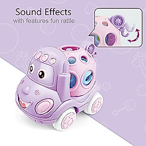 Tepear Baby Girl Rattle Roll Car Push Vehicles Soft Rubber Toy 6 12 Months Infant Boys Walker Toddler, 3pcs Fiction Power Truck Learning Gift for 1 2 3 Year Old Kid