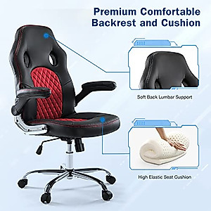Ergonomic Gaming Chair - Mid Back PU Leather Home Office Desk Chairs, Flip Up Armrest Computer Task Chair with Lumbar Support Wheels, Rocking, and Swivel, Red
