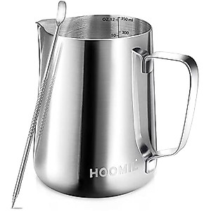 HOOMIL Milk Frothing Pitcher, 12oz/350ml Stainless Steel Steaming Pitcher Barista Milk Frother Cup Jug for Espresso Machine Coffee Cappuccino Latte Art - Silver