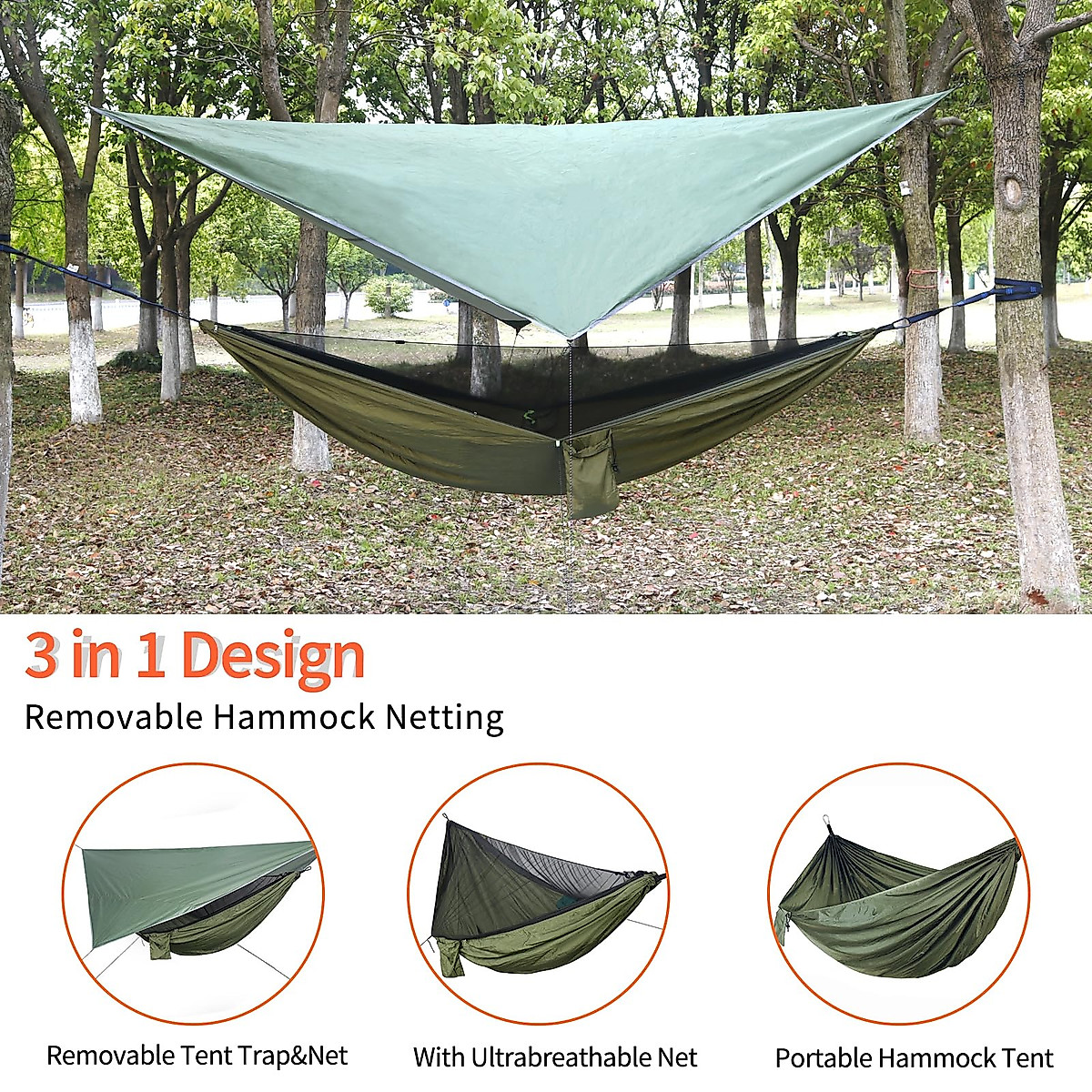 NewDoar Camping Hammock with Mosquito Net and Rain Fly Tarp,Portable Single Nylon Parachute Hammock Rainfly Set,Tree Straps Swing Hammock Bed for Outdoor Backpacking Backyard Hiking(ArmyGreen)