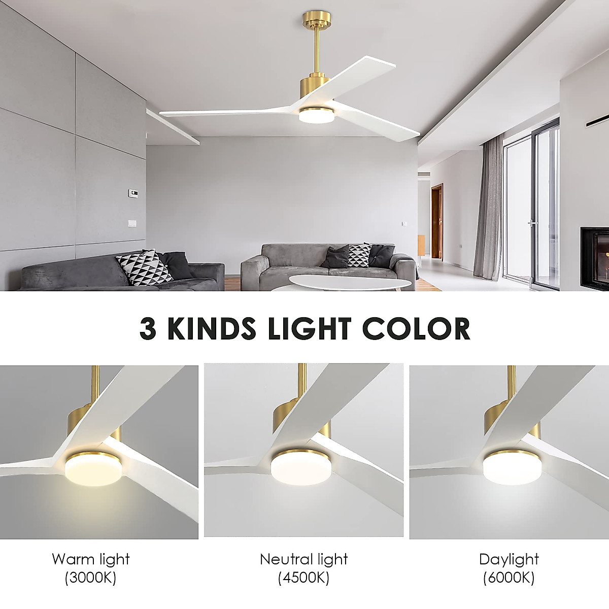 WINGBO 64" DC Ceiling Fan with Lights, 3 Reversible Solid Wood Blades, 6-Speed Noiseless DC Motor, Brass Finish Ceiling Fan with Remote, White