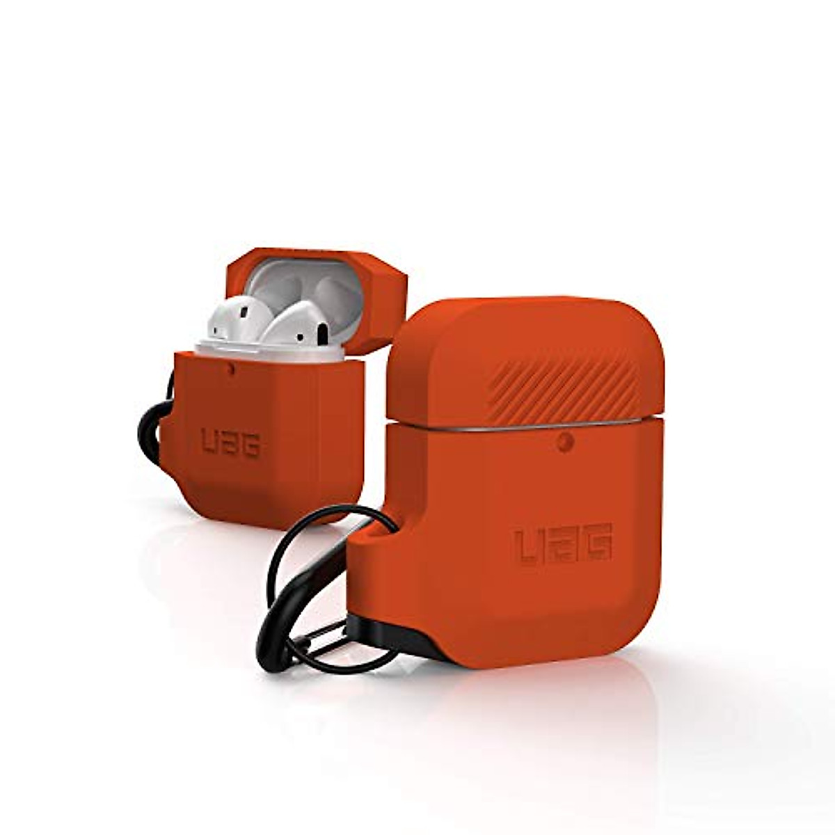 URBAN ARMOR GEAR UAG Compatible with AirPods (1st Gen & 2nd Gen), Full-Body Protective Rugged Water Resistant Soft-Touch Silicone Case with Detachable Carabiner, Orange/Dark Grey