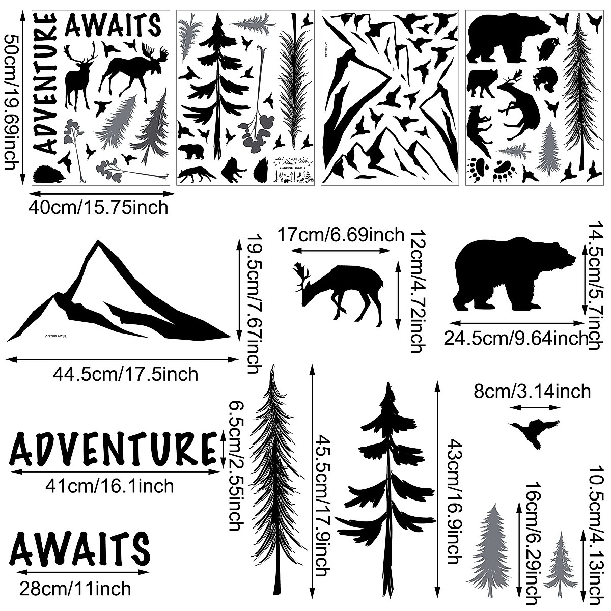 4 Sheets Mountain Wall Decal Rustic Nursery Wall Decals Dreamy Forest with Pine Tree Deer Peel and Stick Inspirational Quote Wall Stickers DIY Wall Decals for Kids' Room (Black,19.69 x 15.75 Inches)