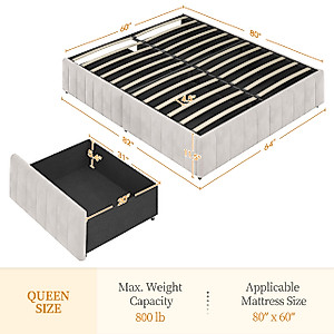 Yaheetech Queen Bed Frame Upholstered Platform Bed with 4 Storage Drawers, Large Storage Space/Strong Wooden Slats/Non-Slip and Noise-Free/No Fixed Headboard/No Box Spring Needed/Beige Queen Bed