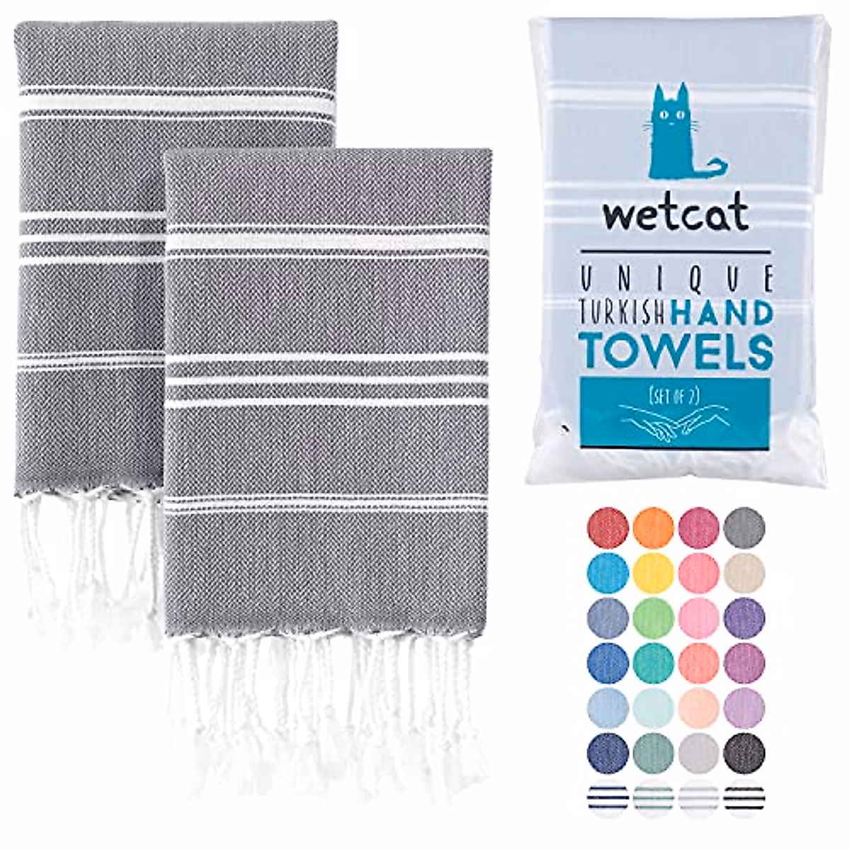 WETCAT Turkish Hand Towels with Hanging Loop (20 x 30) - Set of 2, 100% Cotton, Soft - Pre Washed Boho Farmhouse Kitchen Towels - Unique Decorative Hand Towels for Bathroom (Dark Gray)