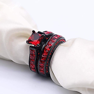 Black Gold Plated Womens Wedding Ring Sets Bridal Sets Princess cut Red Cz Engagement Ring Wedding Bands