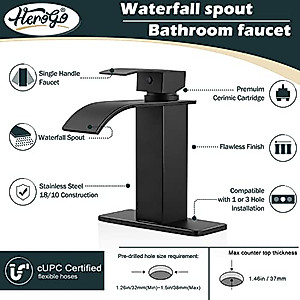 Herogo Black Bathroom Faucet with Bathroom Sink Drain, Single Handle Waterfall Bathroom Sink Faucet for 1 Hole or 3 Holes, Stainless Steel Matte Black Vanity RV Lavatory Faucet with Water Supply Hoses
