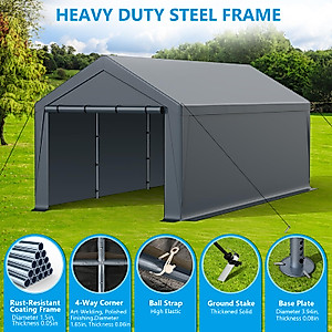 Raxmolo 10x20FT Heavy Duty Carport, Portable Garage with Removable Sidewalls and Doors for Car, Truck, SUV, UV Resistant Waterproof Carport Canopy for Outdoor, All-Season Tarp for Car (Gray)