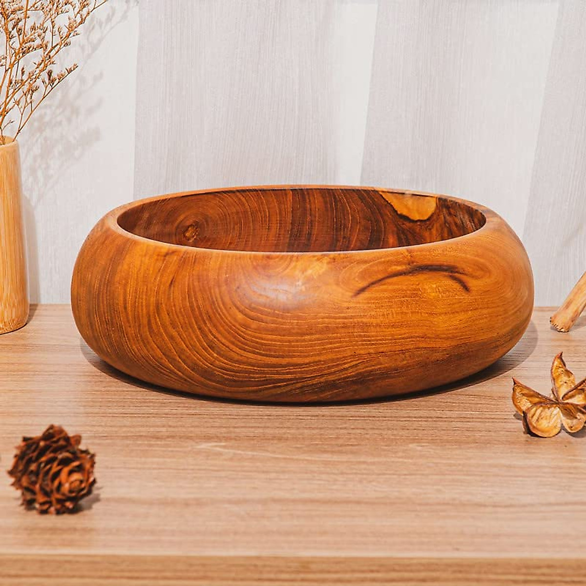 Rainforest Bowls 11" Rounded Javanese Teak Wood Salad Serving Bowl- Perfect for Everyday Use, Hot & Cold Friendly, Ultra-Durable- Exclusive Luxury Custom Design Handcrafted by Indonesian Artisans