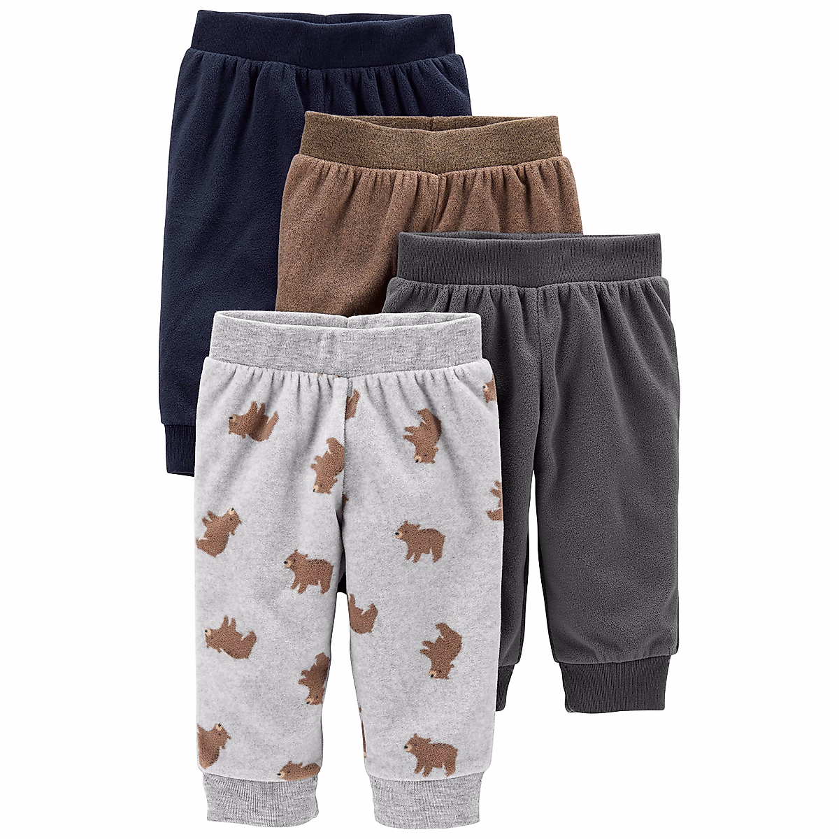 Simple Joys by Carter's Baby 4-Pack Fleece Pants, Brown/Dark Grey/Light Grey Bear Print/Navy, 3-6 Months