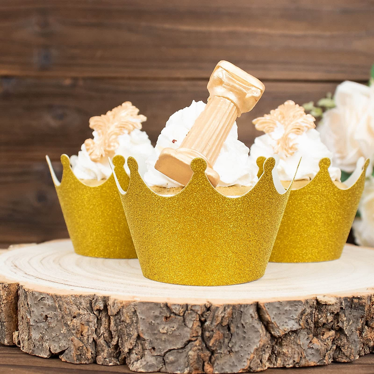 TABLECLOTHSFACTORY 25 Pack | Gold Glitter Crown Paper Cupcake Wrappers, Muffin Paper Cup Liners
