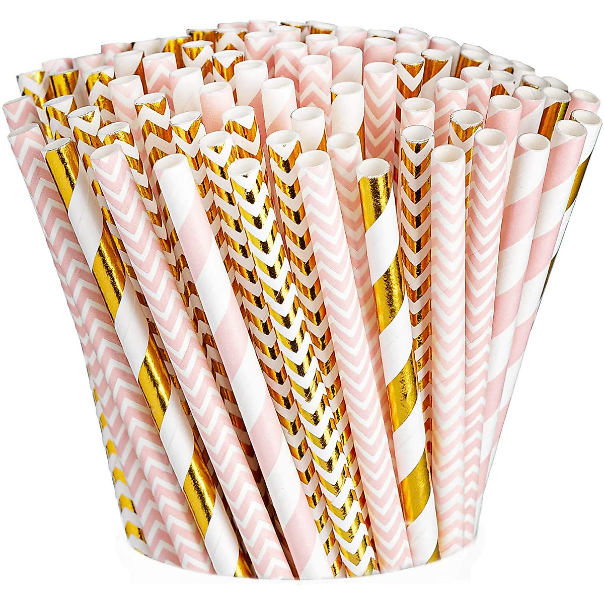 Comfy Package, [200 Pack] Pink & Gold Paper Drinking Straws 100% Biodegradable Multi-Pattern Party Straws For Birthday, Wedding, Bridal, Baby Shower, And Holiday Decoration