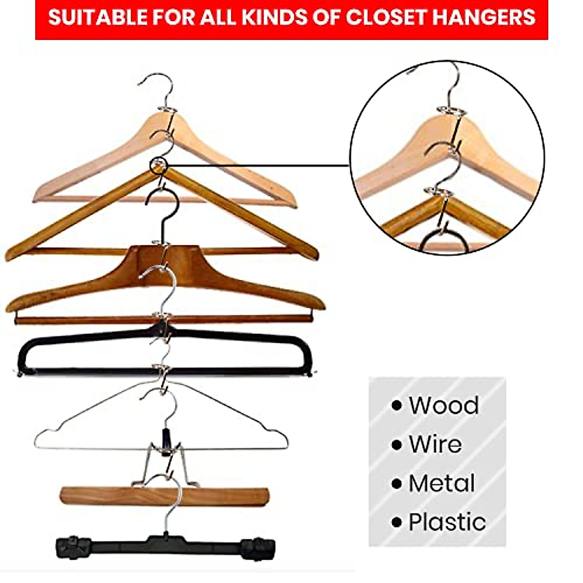 12-Pack Space Saver Heavy Duty Premium Hanger Clips Hook connectors Extenders Fits Over The Neck of Any Thin or Thick Plastic or Metal Closet Hangers Efficient Storage Easy Access