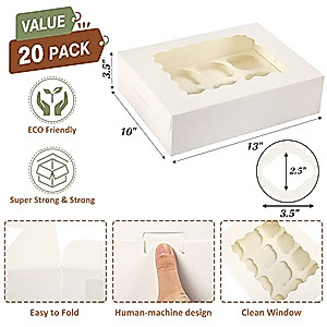 TOMNK 20pcs 13 Inch Cupcake Boxes White Bakery Boxes with Window and Inserts Cupcake Containers 12 Count Bakery Carrier Boxes for Cupcakes Muffins Donuts and Party Favor 13x10x3.5 Inch