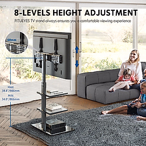 FITUEYES Floor TV Stand for 32 39 40 43 49 50 55 60 Inch TVs, TV Floor Stand with Swivel Mount, Max Holds 66lbs, White Glass Base, Height Adjustable TV Mount for Corner & Bedroom (With 2 Shelf, Black)