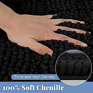 Yastouay 2 Pieces Bathroom Rugs Machine Washable Bath Mat Non Slip Bath Rugs Thick Shaggy Chenille Bath Mats for Bathroom, Shower, Door Mat(17" x 24" / 20" x 32", Black)