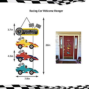PRATYUS Race Car Birthday Decorations for Kids Boys Let's go Racing Party Supplies With Banner, Welcome Hanger, Car Party Signs, Cake Topper and Checkered Balloons