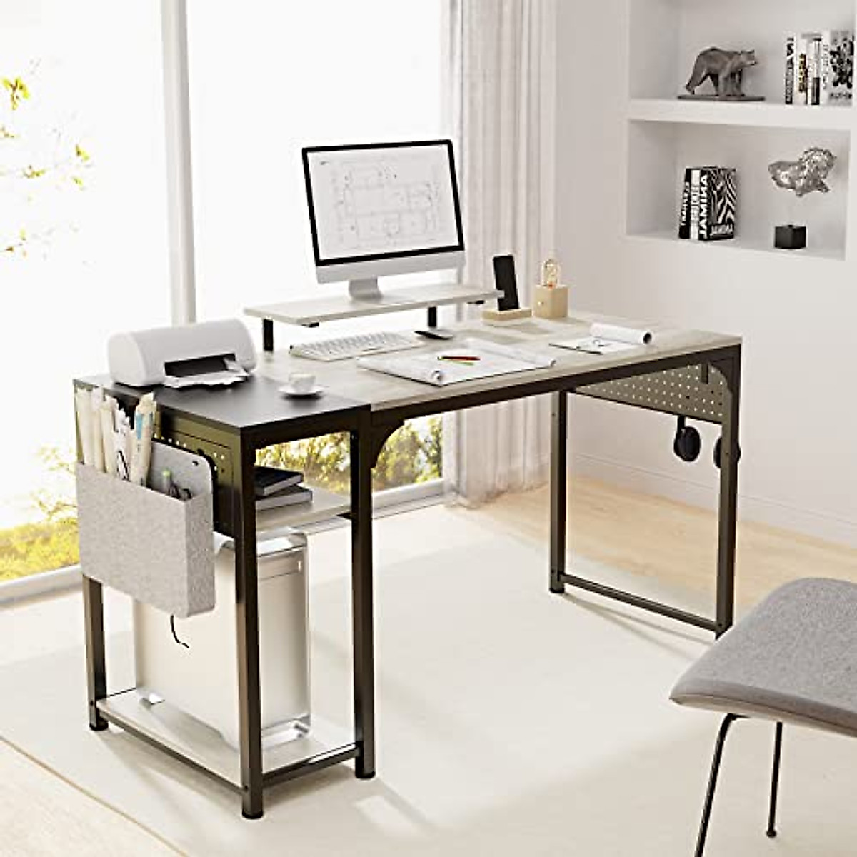 55 Inch Oak Grey Home Office Computer Desk with Monitor Stand Storage Shelves, Work Study Writing PC Gaming Table Large Workstation with Sturdy Black Metal Frame Dual Pegboard Organizers & Accessories