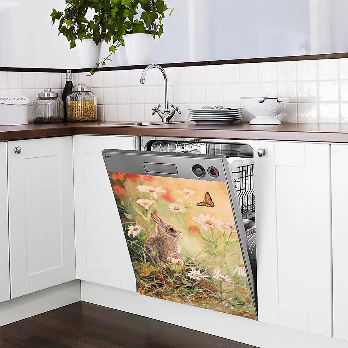 Flower and Butterfly Dishwasher Cover Magnetic Sticker Oil Painting Heat-resistant Decorative Rabbit Easter Kitchen Decoration fridge Washing Machine Magnet Panel Decal Home Decor Wallpaper 23"Wx26"H