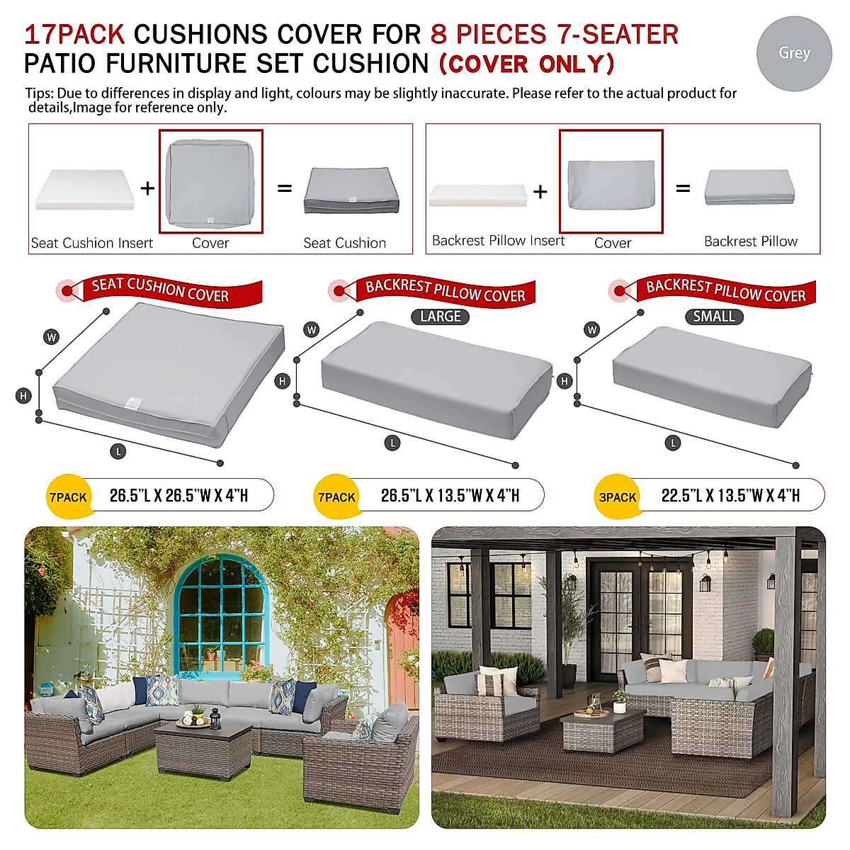 ClawsCover 17Pack Outdoor Seat and Back Cushions Replacement Covers Fit for 8 Pieces 7-Seater Wicker Rattan Patio Furniture Conversation Set Sectional Couch,Gray-Include Cover Only
