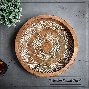 ARIJA Rustic Wooden Serving Tray with Handle - Designer, Decorative Wooden Carved Ottoman Tray for Coffee, Tea, Drinks Serving with Handles - Rustic Home décor, Boho Décor Serving Tray