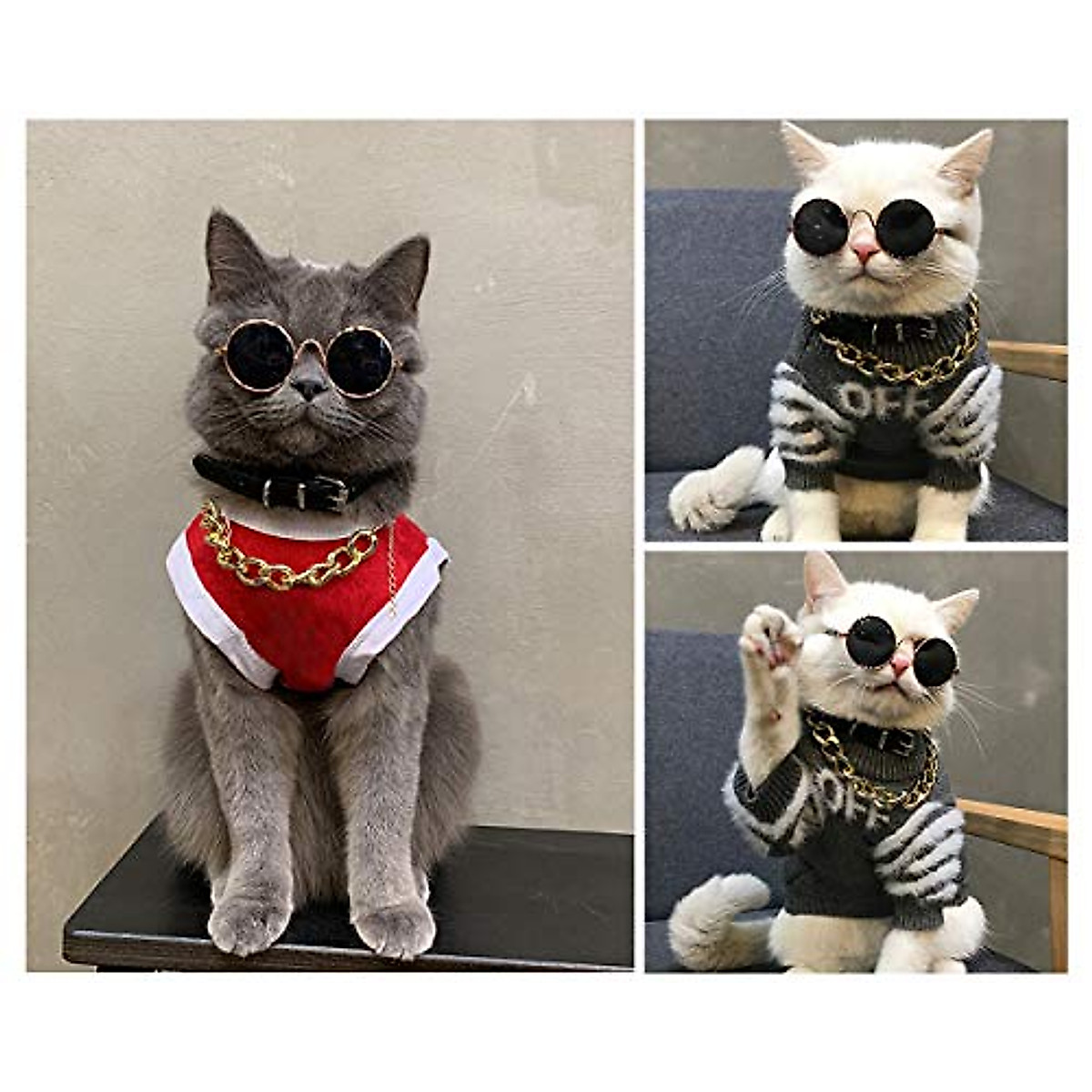 DS. DISTINCTIVE STYLE Retro Round Sunglasses with Golden Plastic Chain for Pet Cats and Small Dogs Cool and Funny Spectacles Pets Photo Props for Taking Pictures