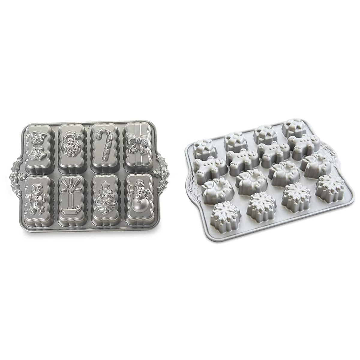 Nordic Ware Holiday Mini Loaves Pan & 93748 Holiday Teacakes Cast Cakelet Pan, 3 Cup Capacity, Silver