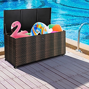 Tangkula 96 Gallon Deck Box, PE Wicker Outdoor Storage Box with 4 Wheels and Waterproof Liner, Outdoor Rectangular Storage Container for Cushions, Garden Tools, Pool Accessories (Mix Brown)