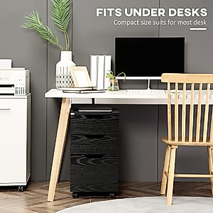 HOMCOM 3 Drawer Mobile File Cabinet, Rolling Printer Stand, Vertical Filing Cabinet, Black Wood Grain