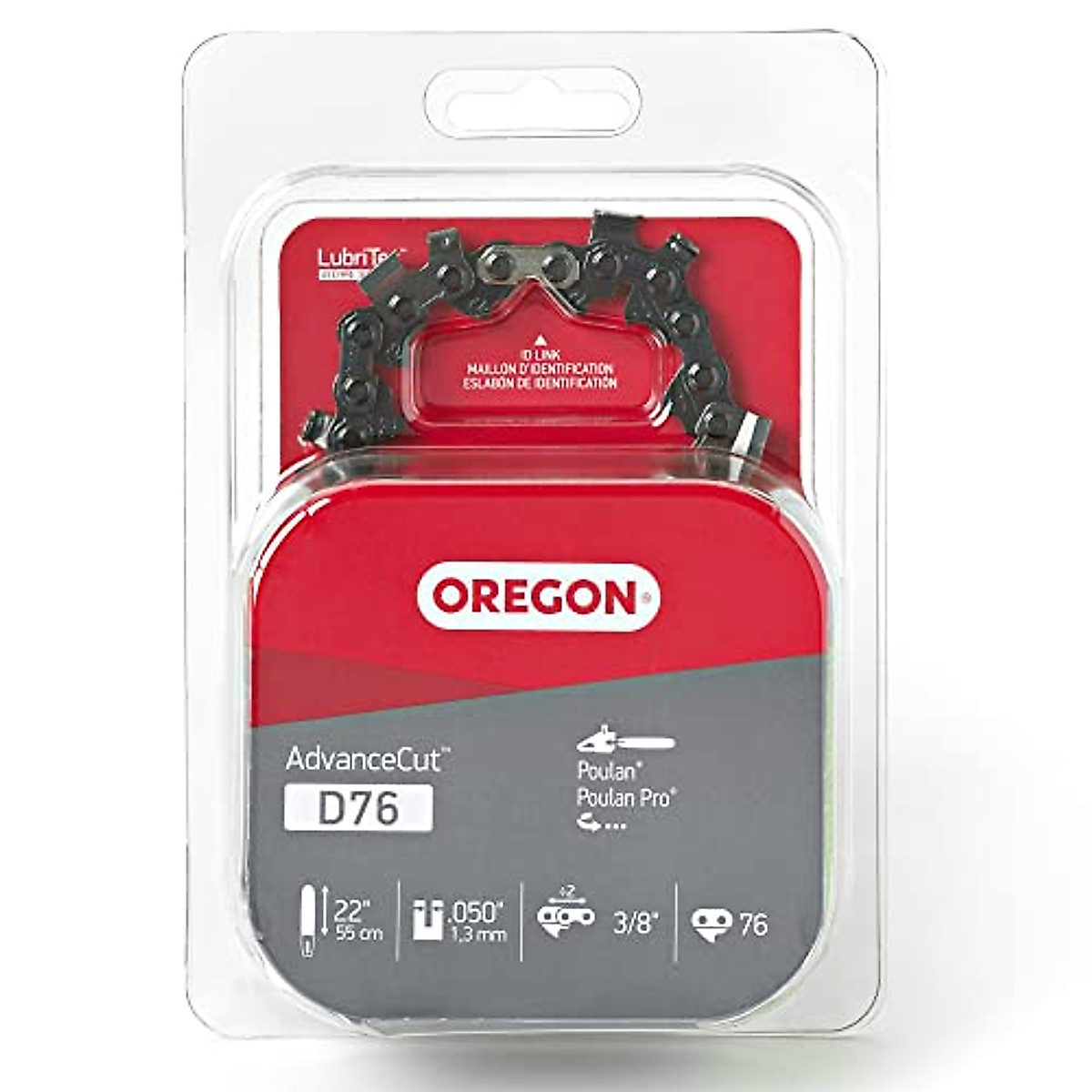Oregon D76 AdvanceCut Replacement Chainsaw Chain for 22" Guide Bars, 76 Drive Links, Pitch: 3/8" Low Kickback, .050" Gauge (D76), Fits Poulan