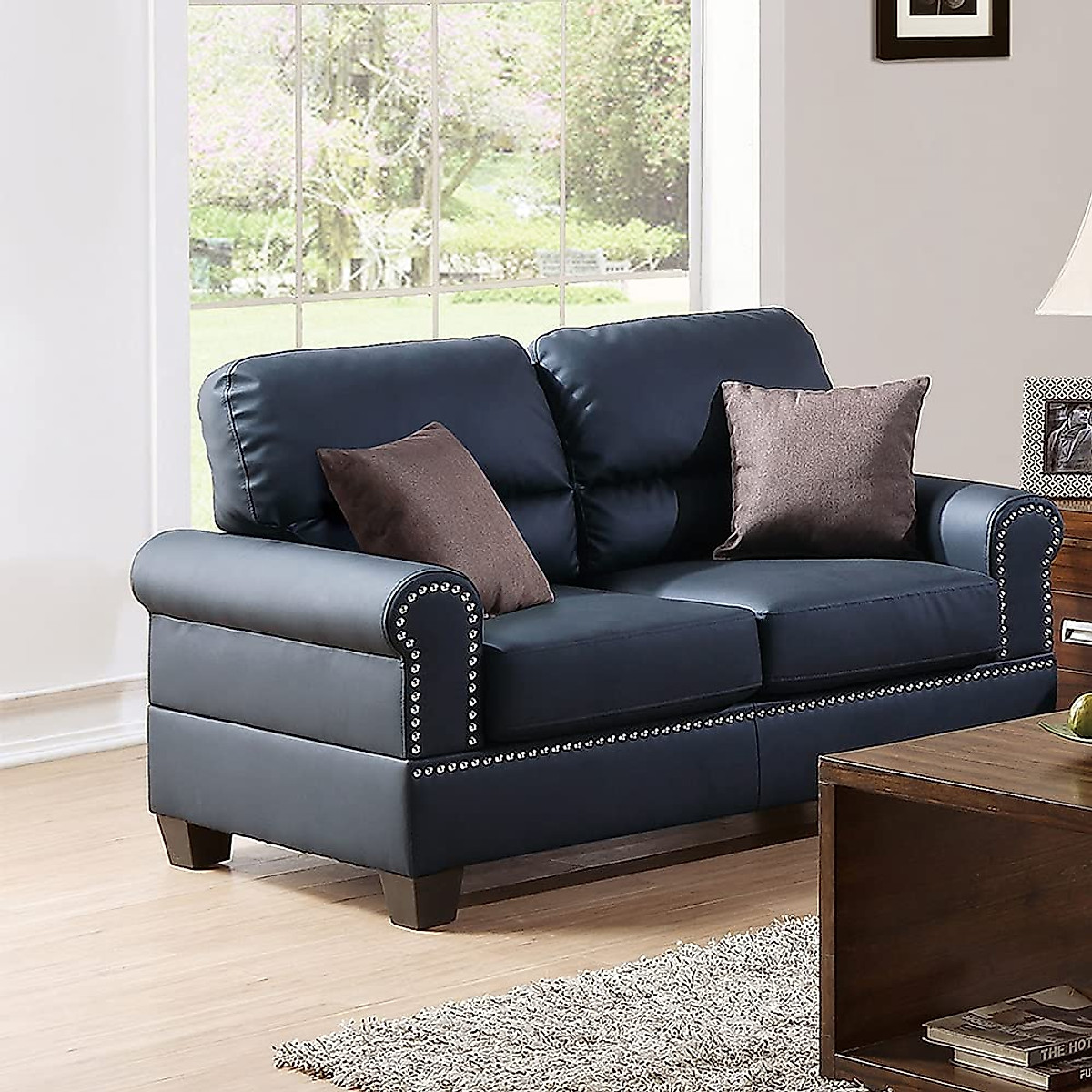 Poundex Bobkona Shelton Bonded Leather 2 Piece Sofa and Loveseat Set, Black