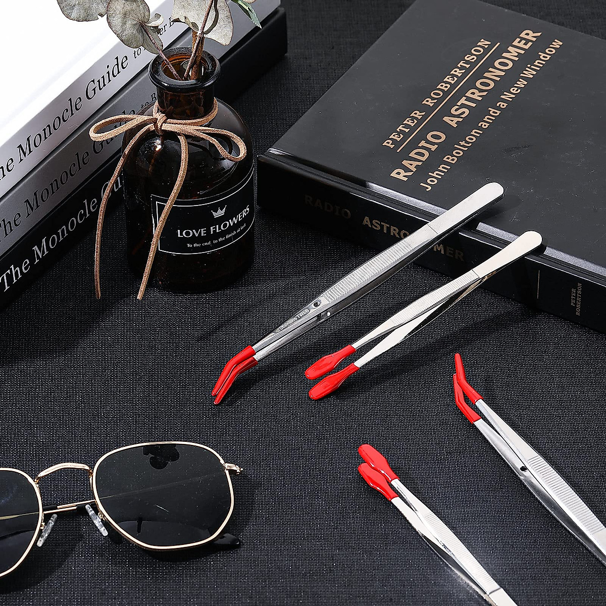 Honoson 4 Pieces Tweezers with Rubber Tips Tweezers Rubber PVC Silicone Coated Non Marring Flat Tip Bent Tip Tweezers Tipped Tweezers for Lab Industrial Jewelry Craft Coin Stamp Tweezer Tongs