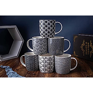 MACHUMA Set of 6 11.5 oz Coffee Mugs with Black and White Geometric Patterns, Ceramic Tea Cup Set