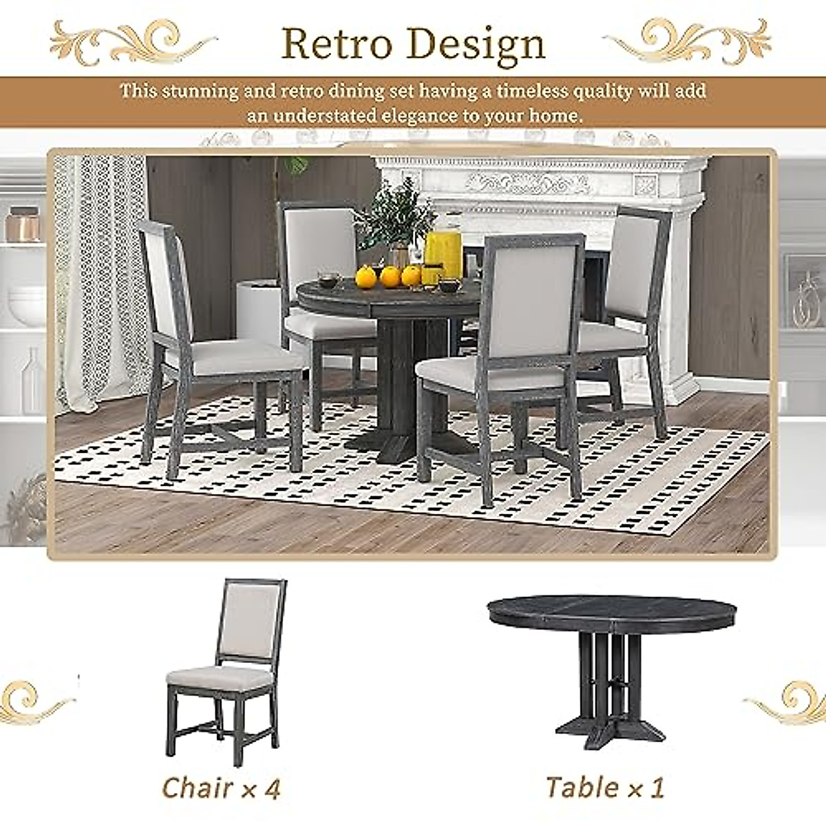 Round Dining Table & Chair Set, Extendable Leaf Wood Dining Table Round to Oval and 4 Upholstered Dining Chairs, 5-Piece Farmhouse Wooden Dining Set, Compact Table Set for Small Kitchen Room, Black