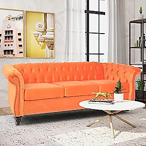 AVZEAR 3 seat Sofa, Velvet Sofa Living Room Sofa Large Sofa Modern Chesterfield Fabric Modern 3 Seater Couch Furniture Classic Tufted Chesterfield Settee Sofa, Orange