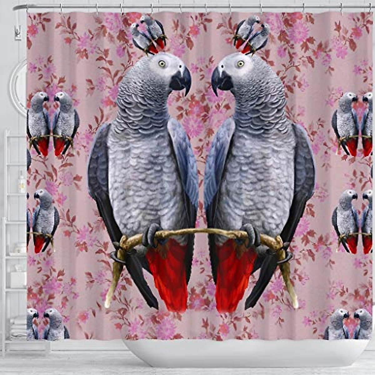 African Grey Parrot Floral Print Shower Curtains