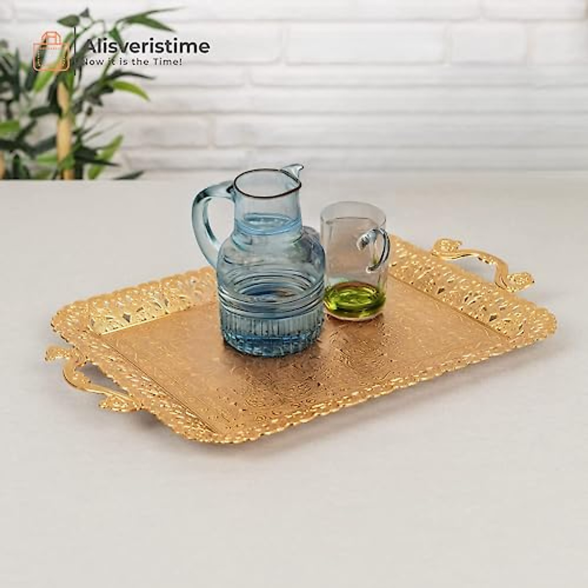 Alisveristime Turkish Ottoman Coffee Tea Beverage Serving Floral Design Tray (Gold)
