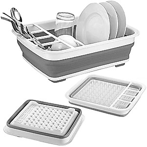 UMIKAkitchen Collapsible Dish Drying Rack - Popup and Collapse for Easy Storage, Drain Water Directly into The Sink, Room for Eight Large Plates, Sectional Cutlery and Utensil Compartment