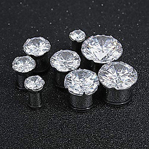 ZS Single Flare Ear Plugs Stainless Steel Ear Gauges Clear CZ Earring Gauge with O-Ring Stretcher Expander Piercing for Men and Women