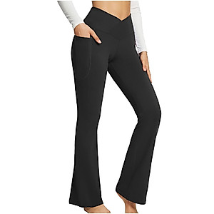 Women High Waist V Cross Pants Tummy Control Bell Bottom Bootcut Pants Casual Wide Leg Yoga Pants with Pockets Black