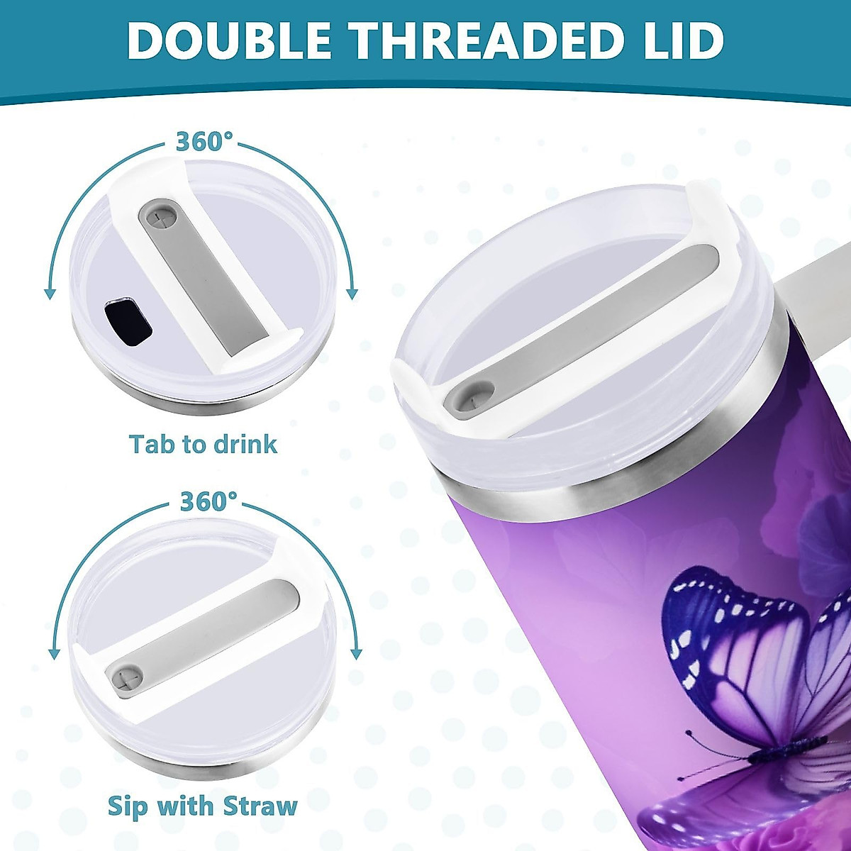 Maunzc 30 oz Tumbler with Handle and Straw, Insulated Stainless Steel Travel Mug with Lid for Coffee, Iced Tea, Water, Gift for Men Women (Purple Butterfly)
