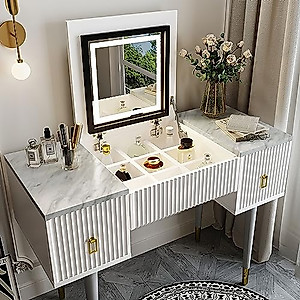 JIVOIT Vanity Table Set, 43.3" Modern Vanity Table Set with Flip-top Mirror and LED Light, Dressing Table with Customizable Storage, Vanity Dressing Table for Bedroom Women Girls (White+Gray 7)