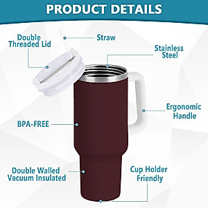 MCHIVER Maroon 30 oz Tumbler with Handle and Straw Stainless Steel Vacuum Water Bottle Leak-proof Travel Coffee Mug Insulated Cup for Office Car Home