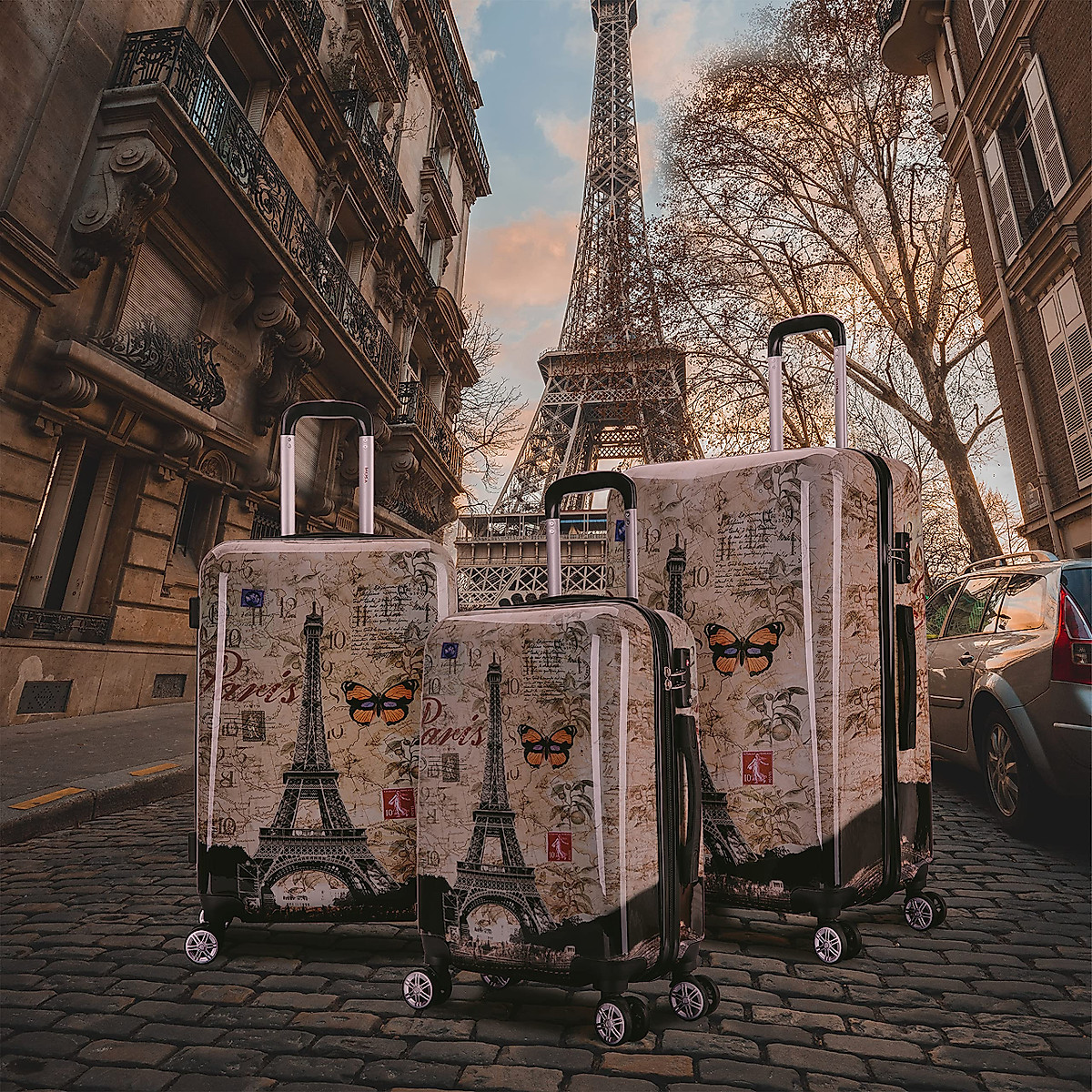 InUSA Paris Print Luggage with Spinner Wheels | Durable Lightweight Hardside Suitcase | Travel Bag with Handle and Trolley | (20in, 24in, 28in) 3 Piece Set