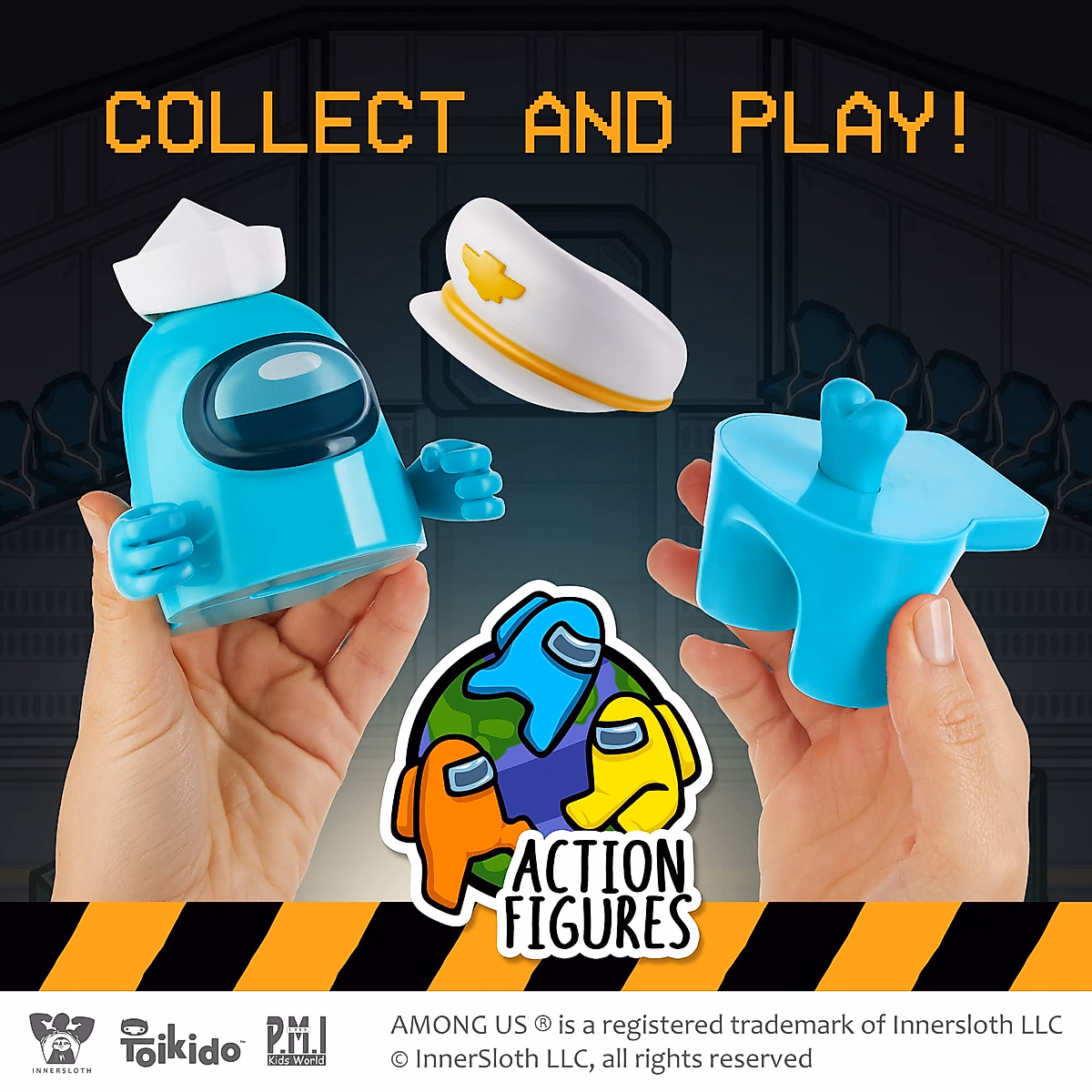 P.M.I. Among Us Action Figure | One of Four 4.5-Inch-Tall Collectibles | Among Us Toys and Playable Mini Toys | Cyan Crewmate in The White Folded Hat with Hidden Hat and Hands