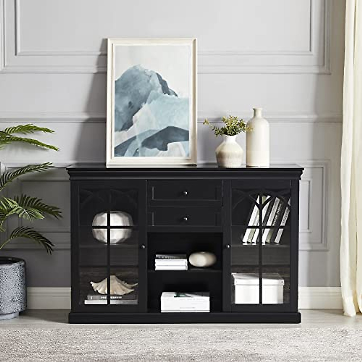 GOOD & GRACIOUS Sideboard Buffet Cabinet with Drawers and Glass Fretwork Doors, Storage Display Cabinet with Premium Painted Finish for Dining Room, Living Room, Kitchen, Entry, Black