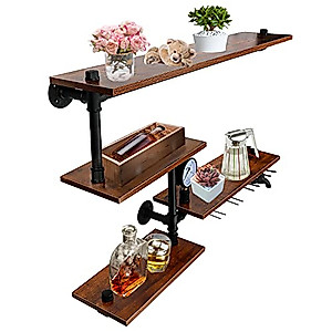 Rocomoco Industrial Pipe Shelving Wine Rack Wall Mounted with 4 Stem Glass Holder 39 Inch Bar Shelf Rustic Metal Floating Wall Bar Shelf 4-Tiers Hanging Liquor Wood Shelves Glass Rack for Kitchen