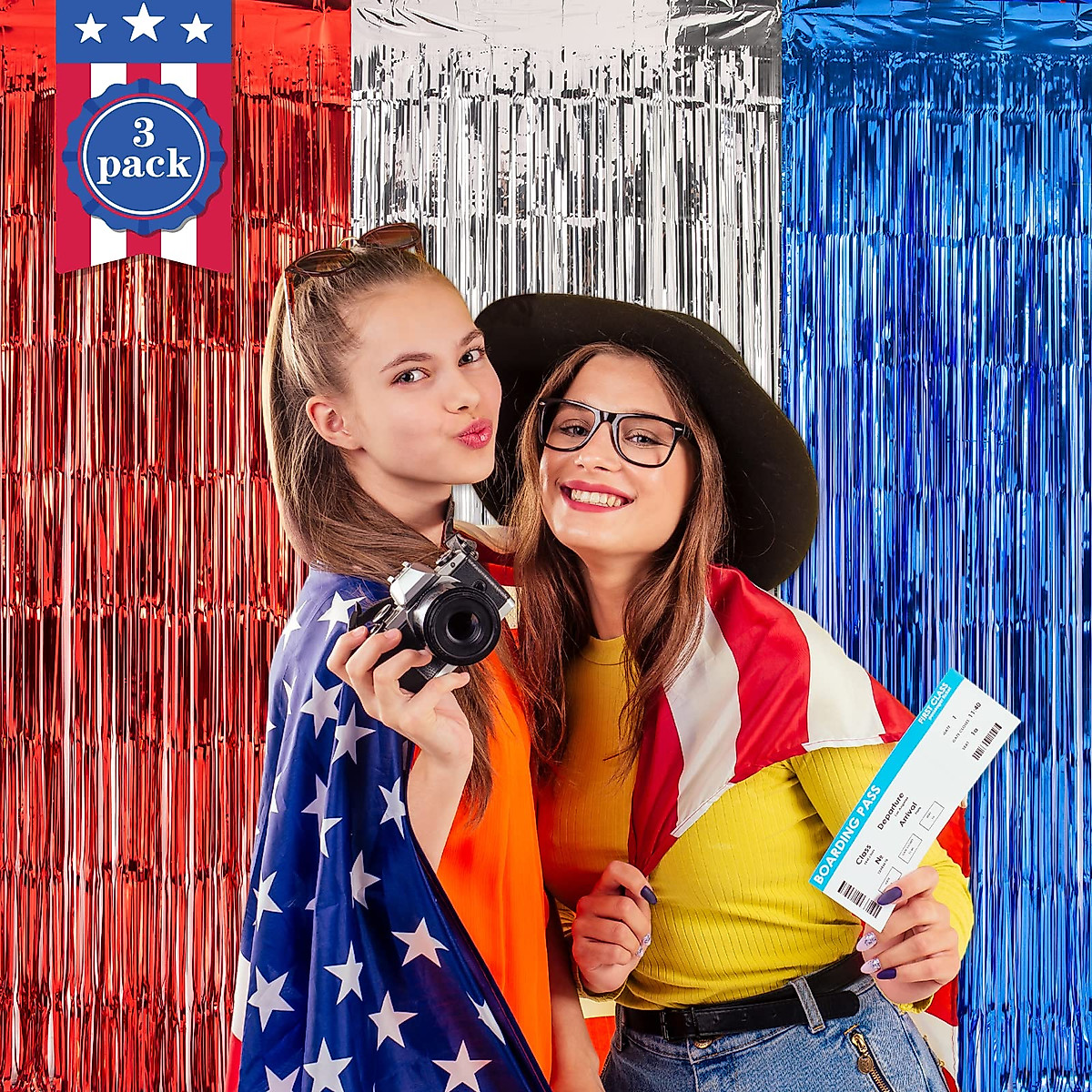 LOLStar 4th of July Decorations,Red White Blue 3 Pack America Tinsel Foil Fringe Curtains,4th of July Photo Booth Prop Streamer Backdrop for Independence Day,Memorial Day,Labor Day Patriotic Party