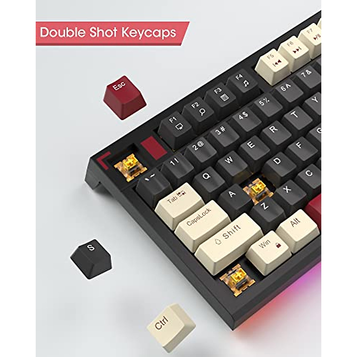 Compact 80% Mechanical Gaming Keyboard, Wired tkl Keyboard with Yellow Switches, Ergonomic Design Retro Style Gaming Keyboard with Rainbow Led Backlit for Windows PC Mac, Black & White